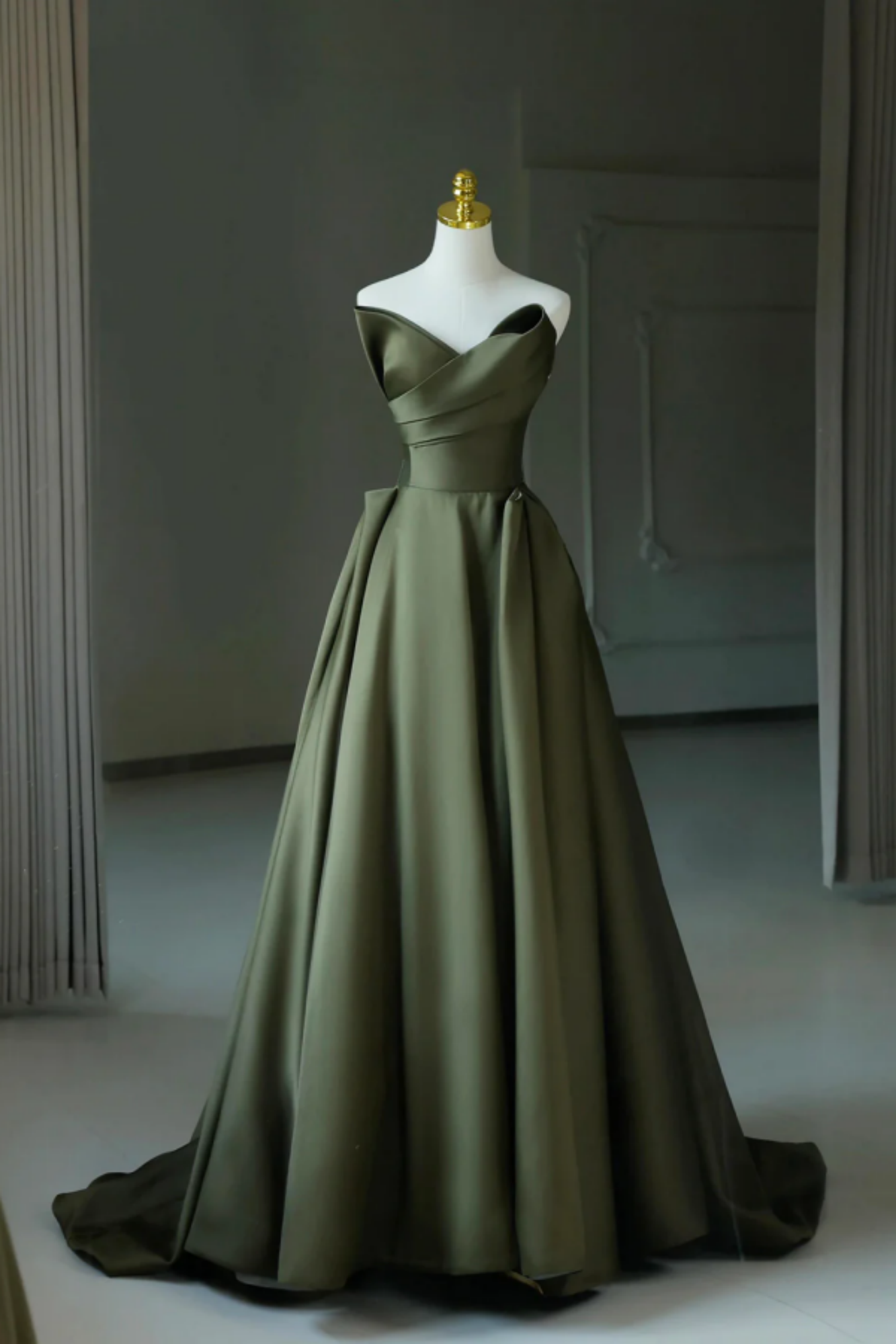 Dark Green Satin V Neck Long Prom Dress, A Line Strapless Evening Party ...